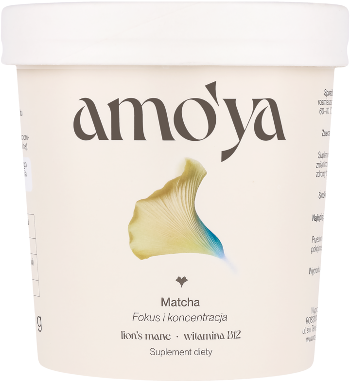 AMO'YA, napój w proszku na bazie zielonej herbaty matcha z dodatkiem ekstraktu z soplówki ...