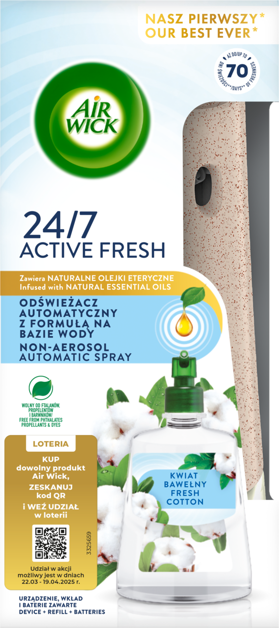 AIR WICK, Active Fresh , automatyczny odświeżacz powietrza z wkładem i bateriami, Kwiat Bawełny ...