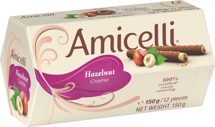 AMICELLI, rurki waflowe z nadzieniem orzechowym, oblane czekoladą ...