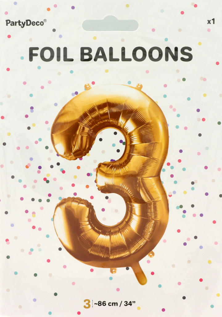 PARTYDECO, , balon foliowy, cyfra 3, złoty, wys. 86 cm, 1 szt ...