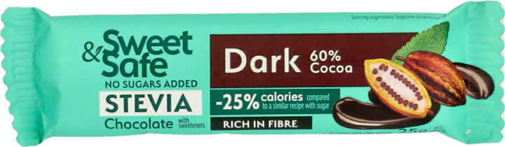 SWEET&SAFE, baton z deserowej czkolady 60% kakao, słodzony stewią, 25 g ...