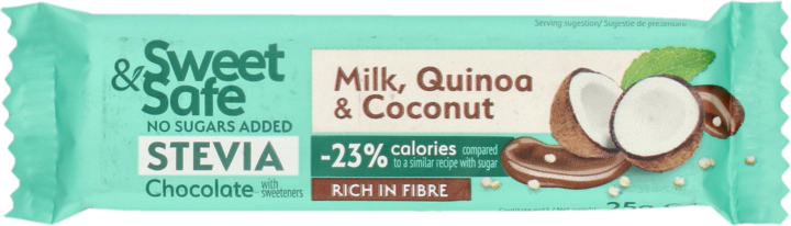SWEET&SAFE, baton z mlecznej czekolady, quinoa i kokos, słodzony stewią ...