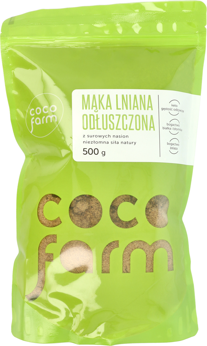 COCO FARM, mąka lniana, odłuszczona, z surowych nasion, niezłomna siła ...