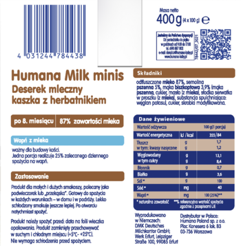 HUMANA, Milk Minis , deserek mleczny, Kaszka z herbatnikiem, 8m+, 4 x ...