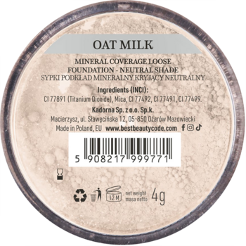 BEST BEAUTY CODE, , podkład sypki, mineralny, kryjący, Oat Milk, 4 g ...