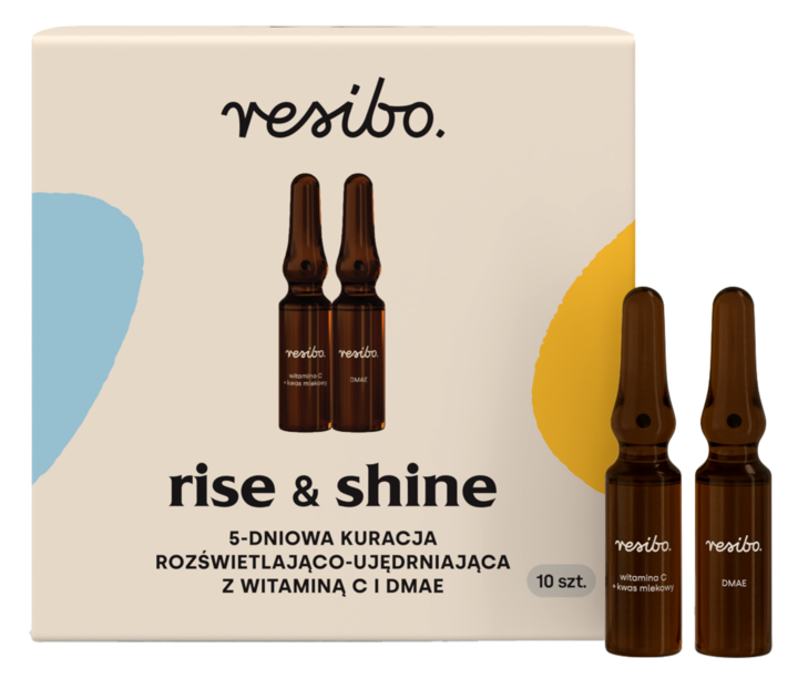 RESIBO, Rise & Shine , kuracja do twarzy, ampułki z witaminą C i kwasem mlekowym i DMAE, 10 szt ...