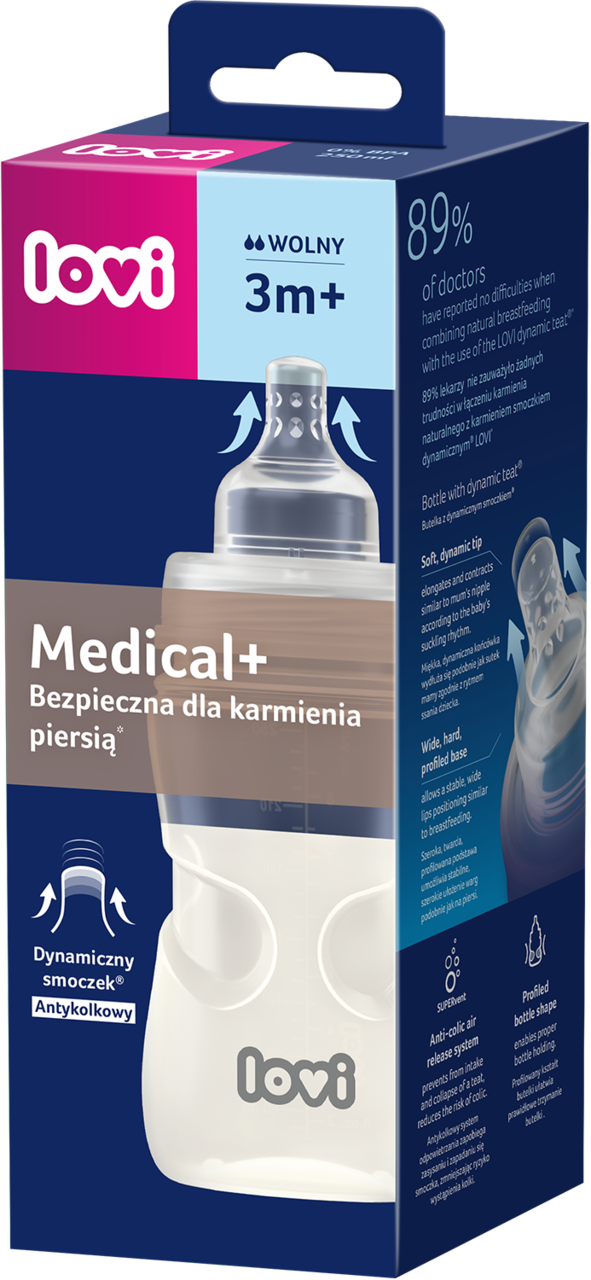 LOVI, Medical+ , butelka z dynamicznym, antykolkowym smoczkiem, 250ml, 3m+, 1 szt. | Drogeria ...