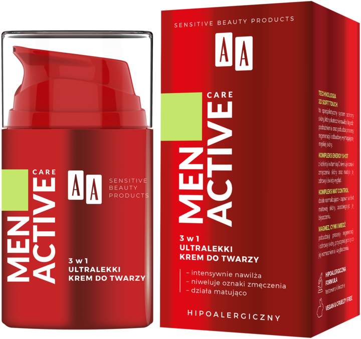 AA MEN, Active Care , krem do twarzy, ultralekki, 3w1, hipoalergiczny ...